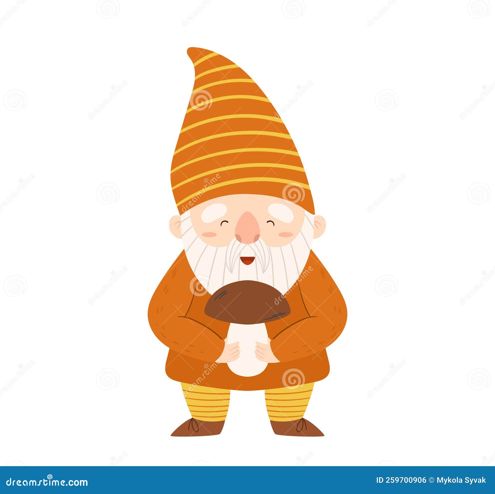 Funny Garden Dwarf Holding Mushroom In Hands Fairy Tale Gnome Isolated