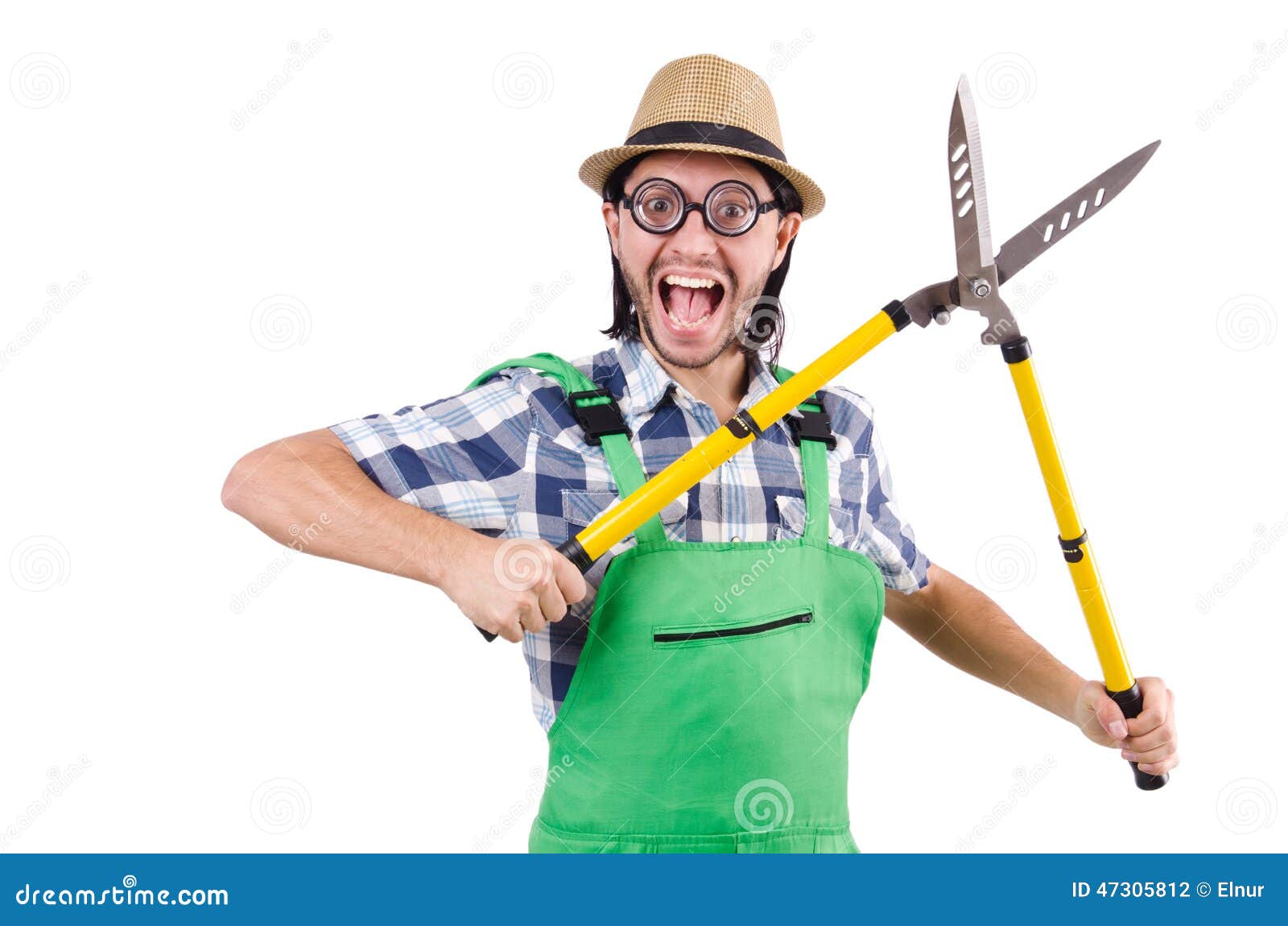 Funny Gardener with Shears Isolated Stock Photo - Image of branch ...