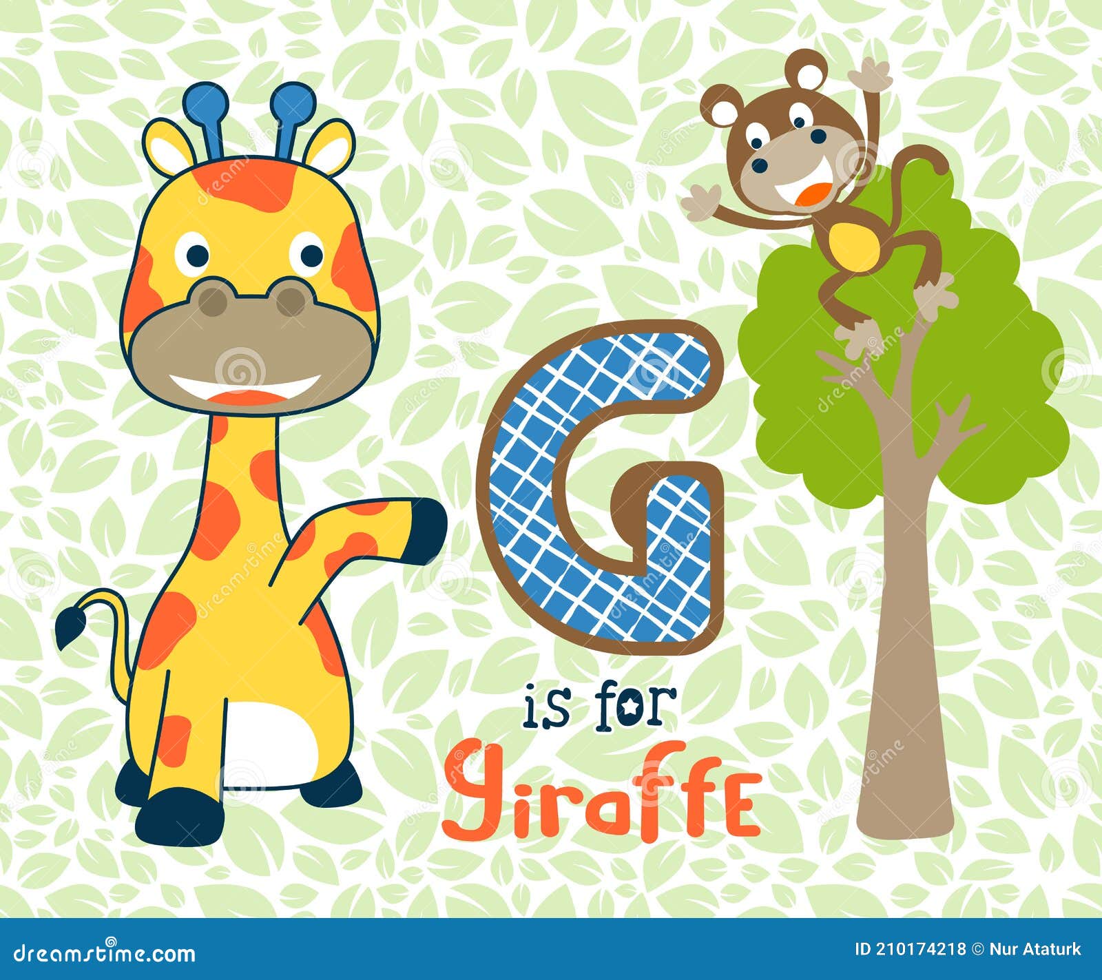 Nice Giraffe and Monkey on Leaves Seamless Pattern Vector Stock Vector ...