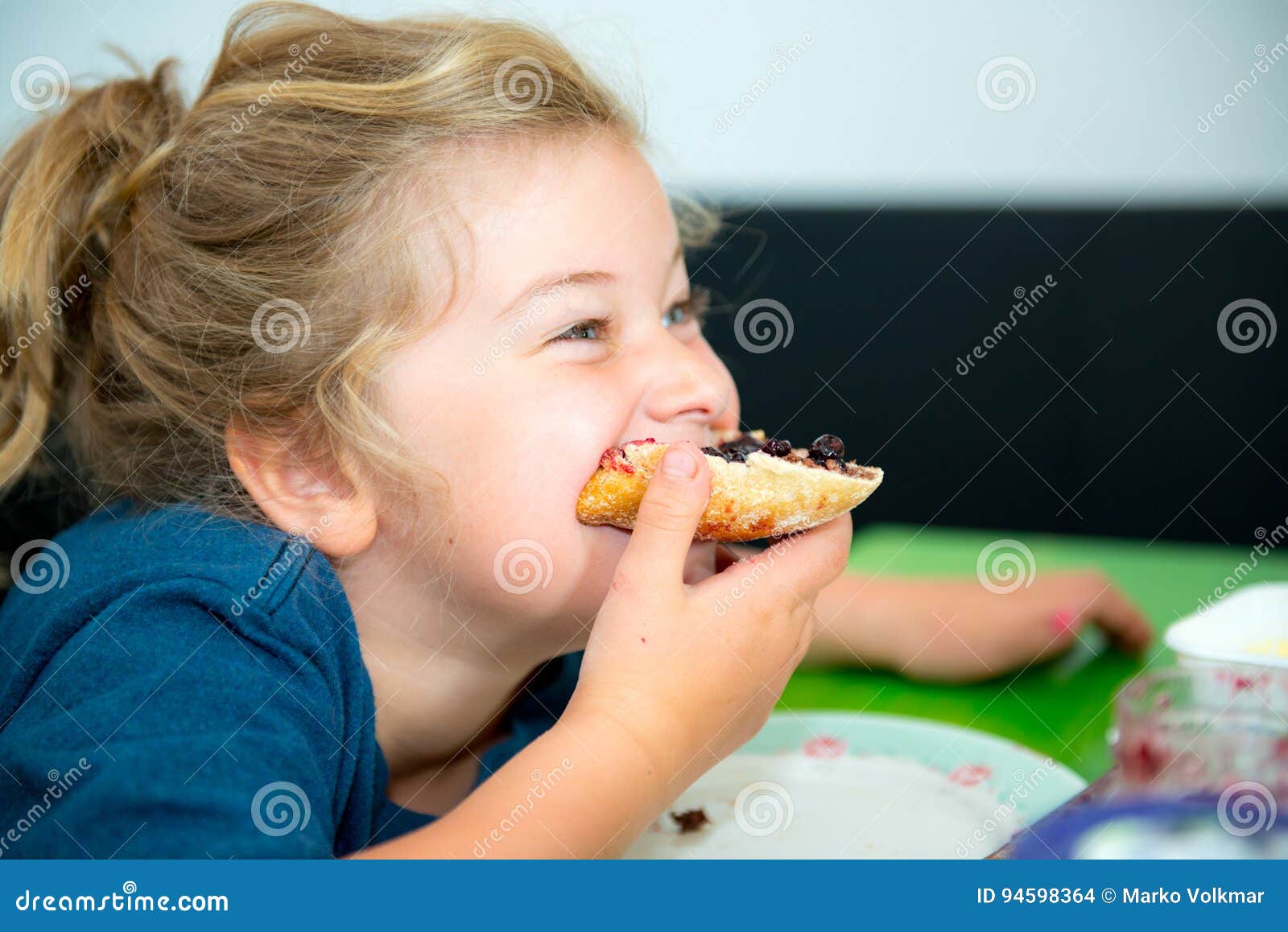 Funny Girl Eating Bread Roll with Marmelade Stock Photo - Image of ...