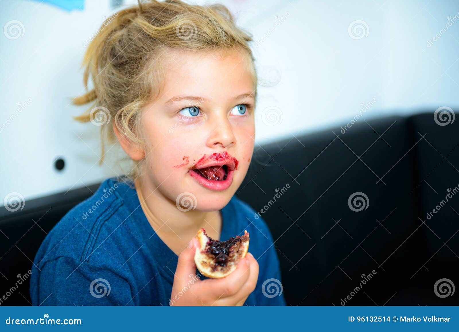 Funny Girl Eating Bread Roll with Marmelade Stock Photo - Image of ...