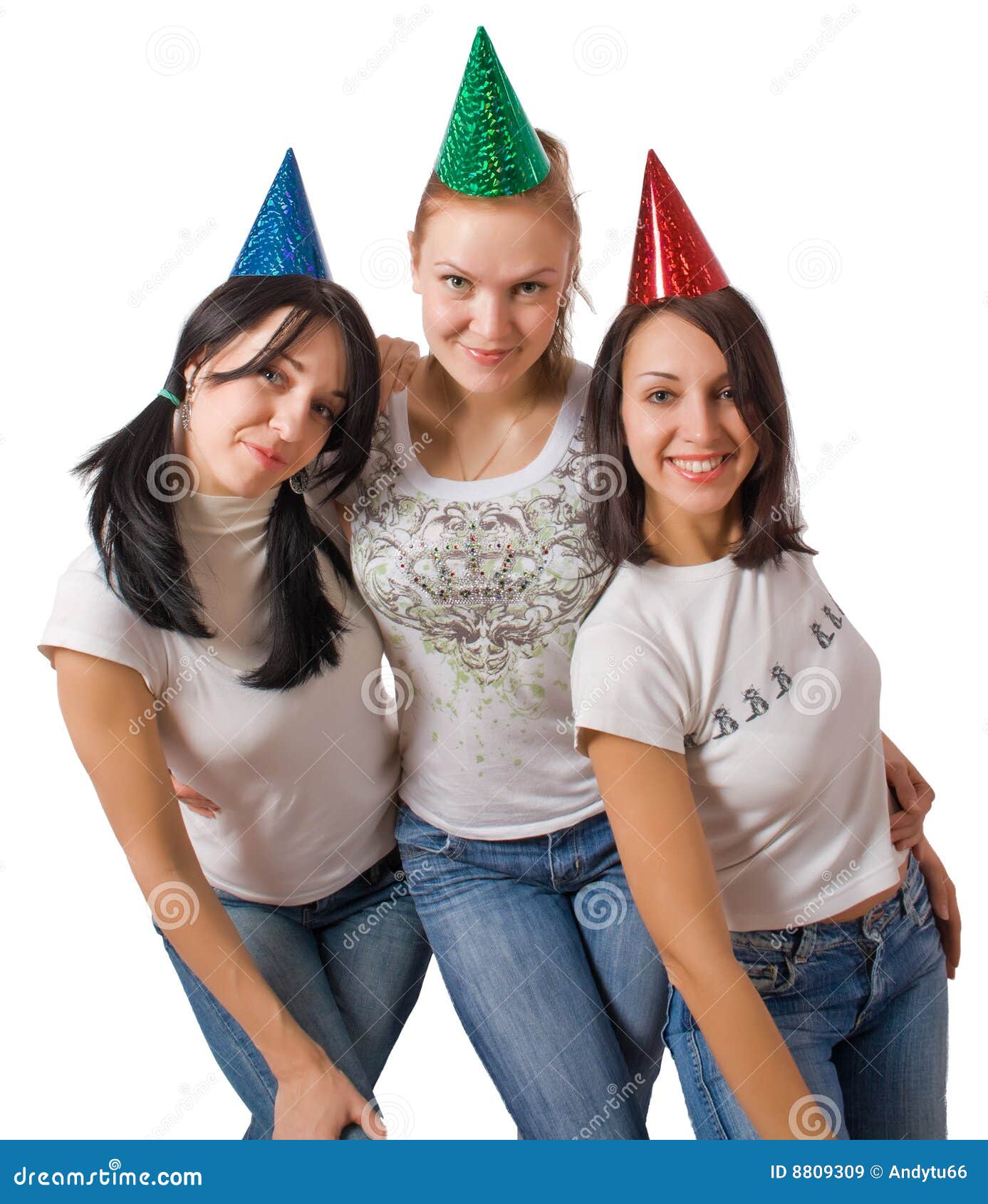 Funny girls in fool caps stock image. Image of jeans, partnership - 8809309