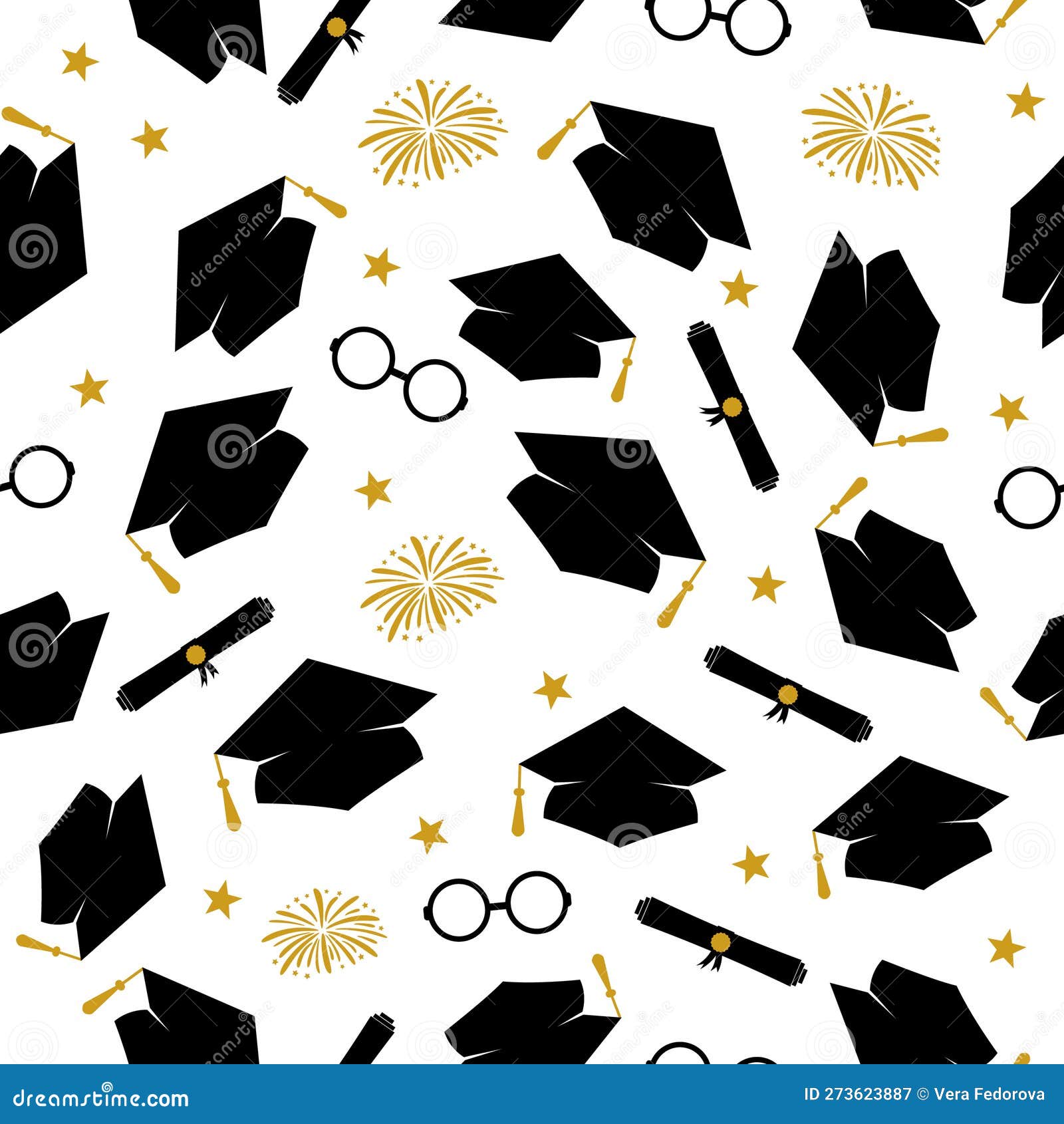 Funny Graduation Seamless Pattern. Throwing Caps and Fireworks. Grad ...