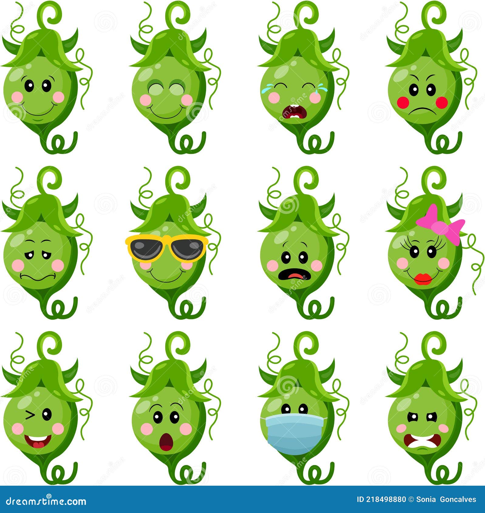 Funny Green Pea with Feature a Different Expressions Stock Vector ...