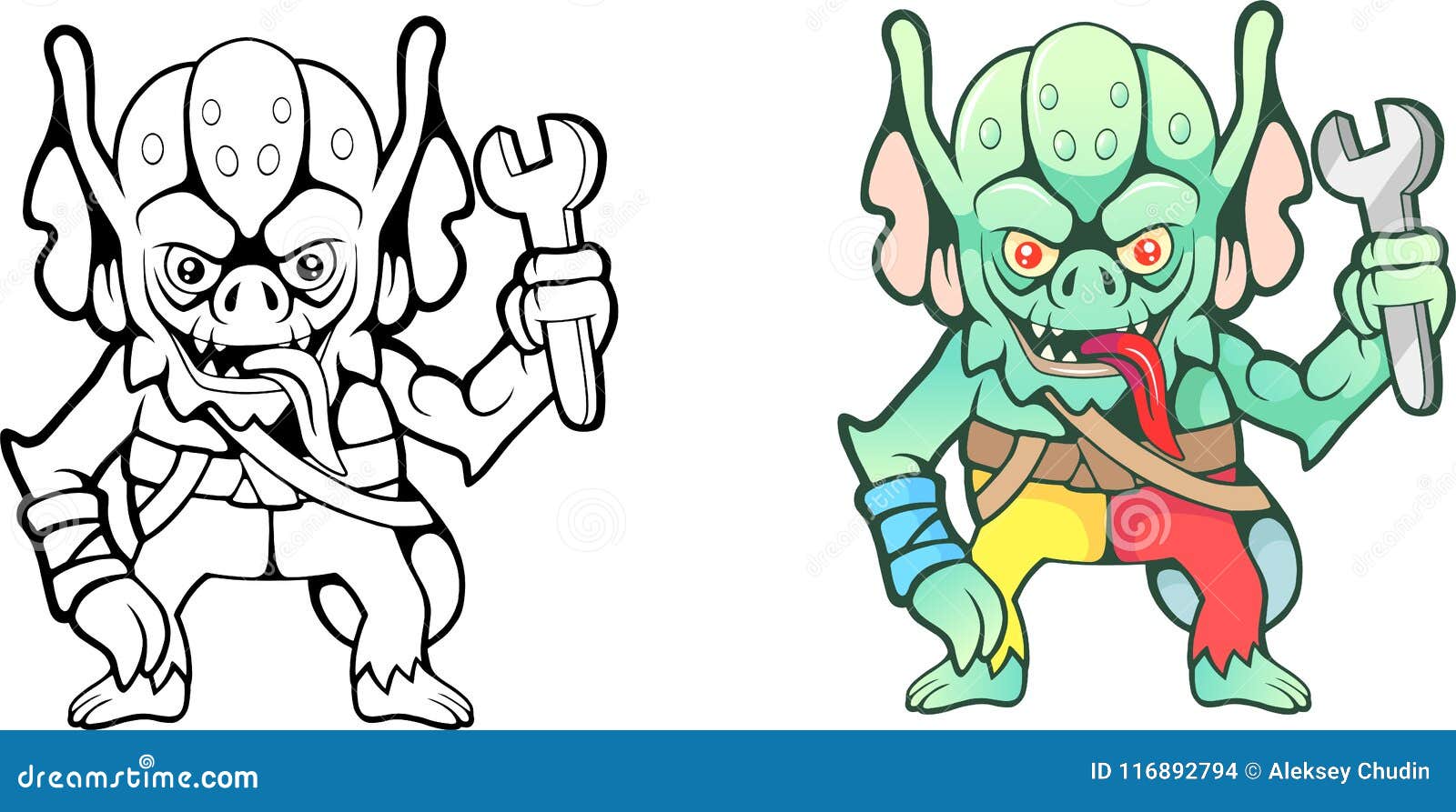 Funny Gremlin with a Wrench in His Hand Stock Vector - Illustration of ...