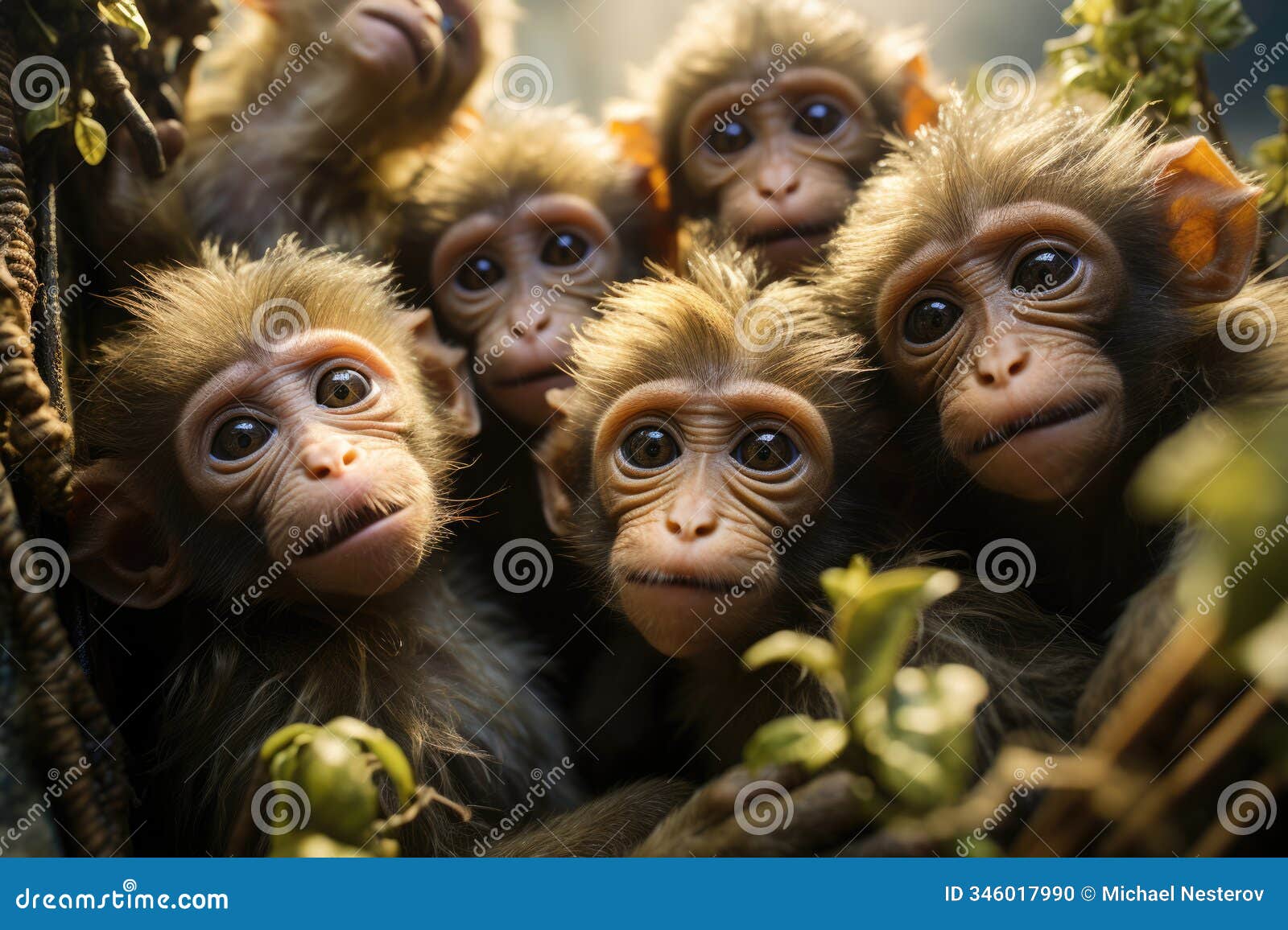 Funny Group of Monkeys in the Foliage of Trees Stock Photo - Image of ...