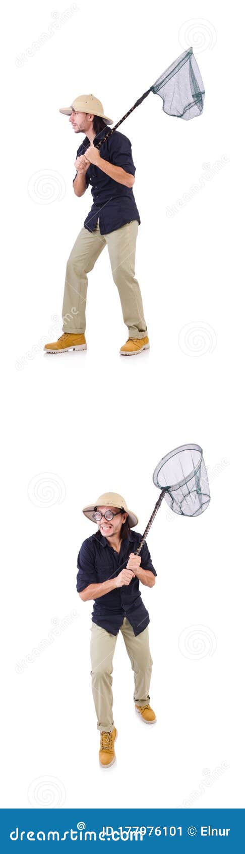 Funny Guy with Catching Net on White Stock Image - Image of background ...