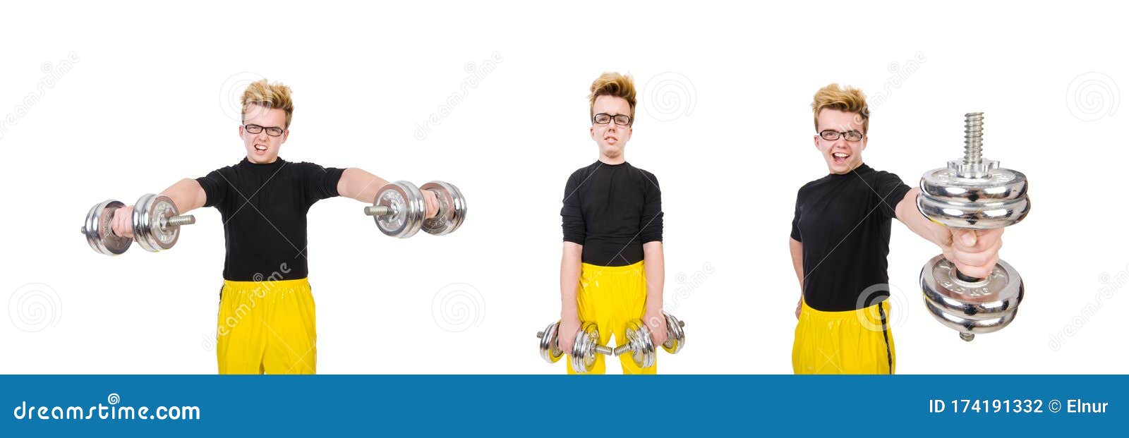 Funny Guy with Dumbbels on White Stock Photo - Image of humorous, heavy ...