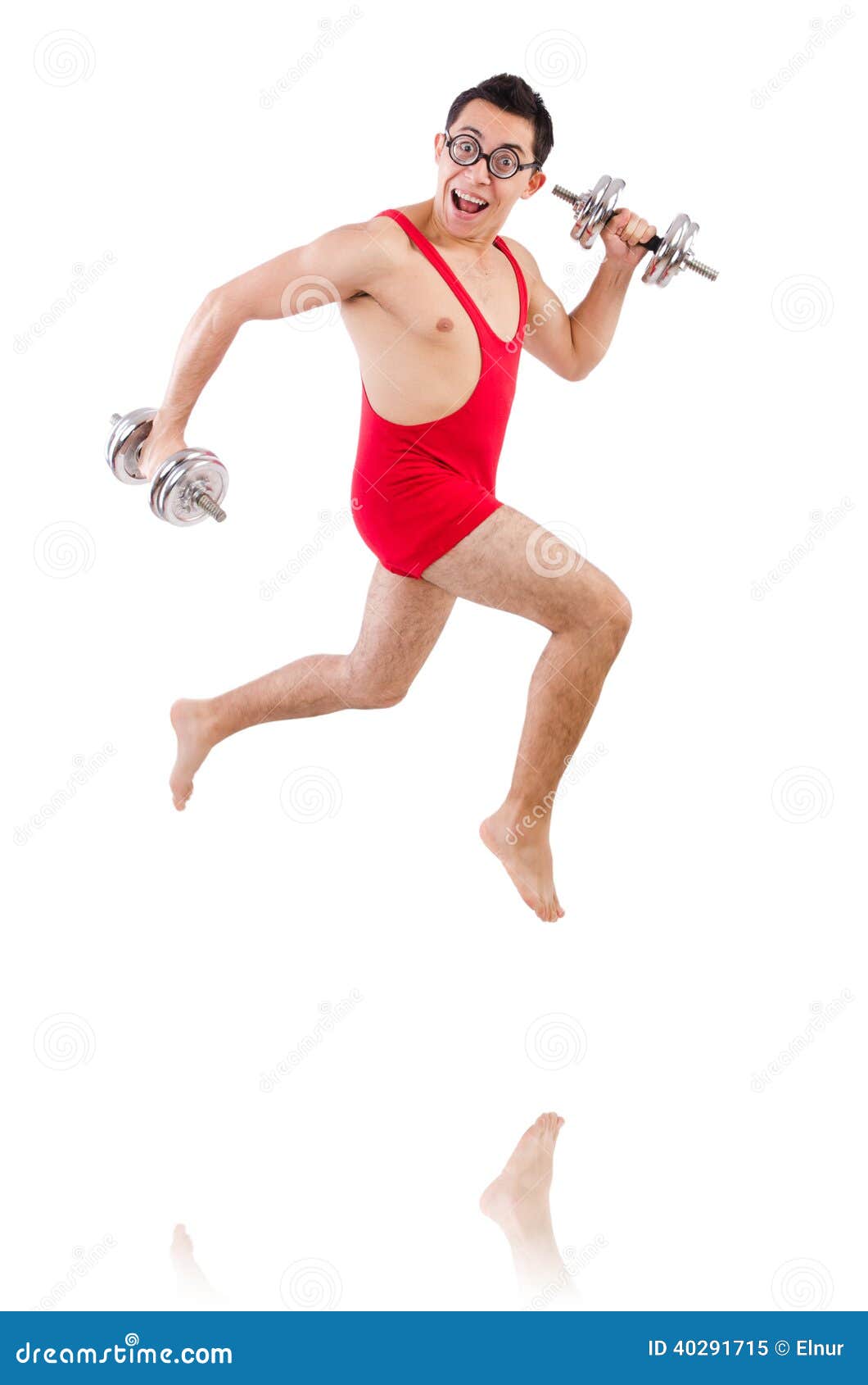 Funny guy with dumbbels stock image. Image of leap, isolated - 40291715