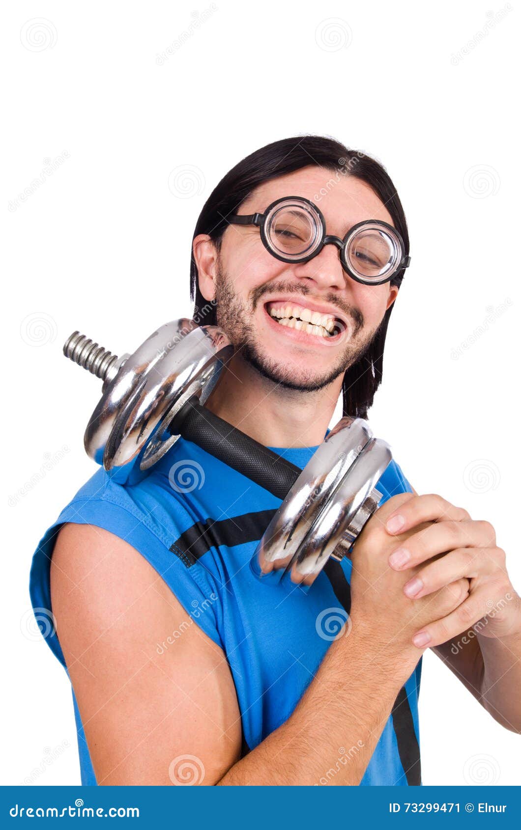 The Funny Guy with Dumbbels on White Stock Image - Image of body ...