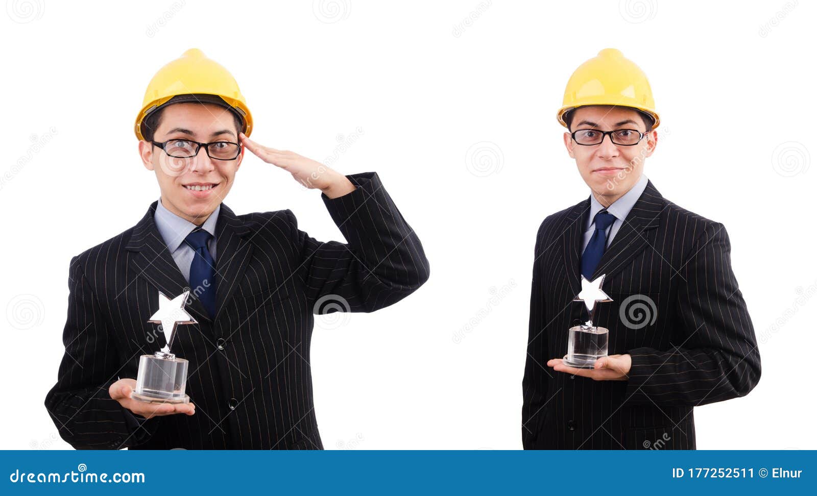Funny Guy with Prize and Hardhat Stock Image - Image of reward ...