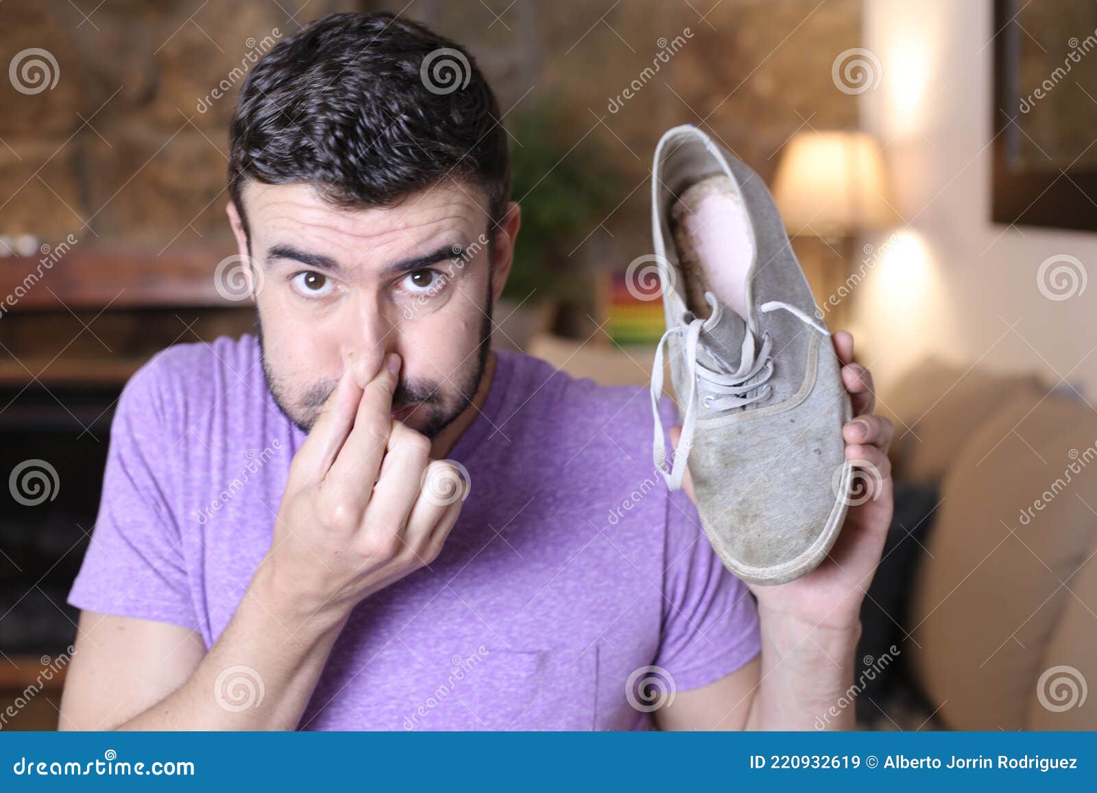 Funny Guy Smelling Shoe with Fungus Stock Image - Image of foul, adult ...