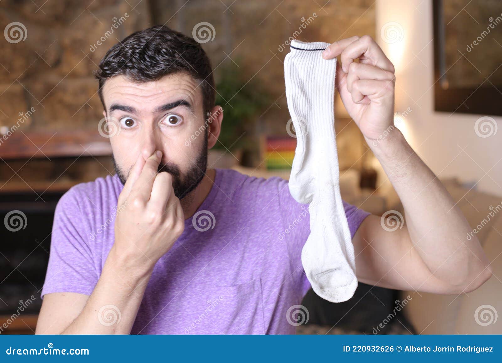 Funny Guy Smelling Sock with Fungus Stock Photo - Image of foot ...