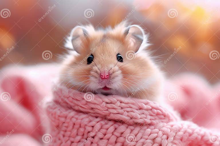 Funny Hamster Sitting In Pink Blanket On Blurred Background Stock