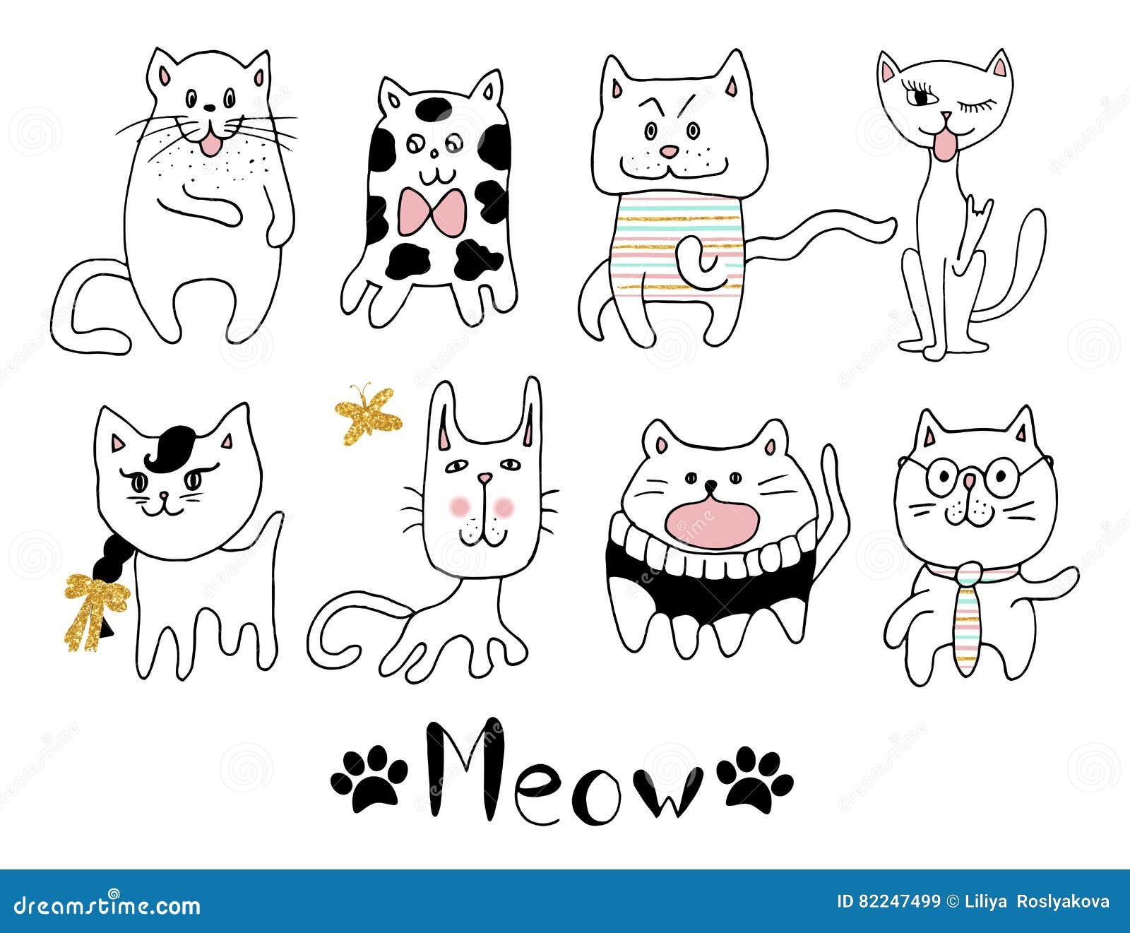 Funny Hand Drawn Cats. Animals Vector Illustration with Adorable ...