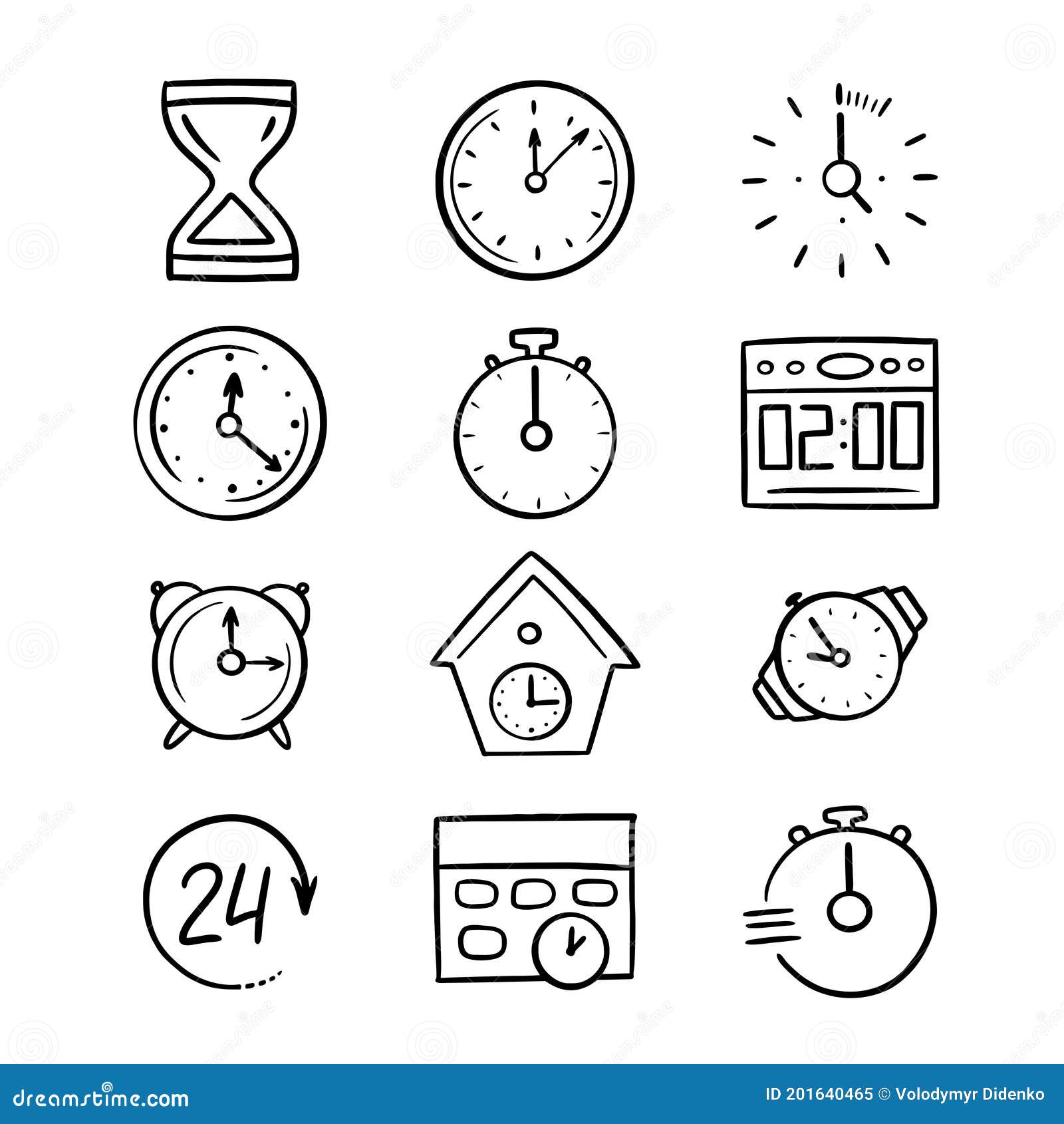 Funny Hand Drawn Doodle Time Icons Set. Flat Vector Illustration for ...