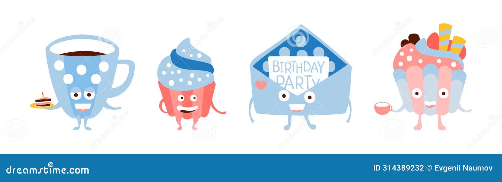 Funny Happy Birthday Character with Pretty Face Vector Set Stock Vector ...