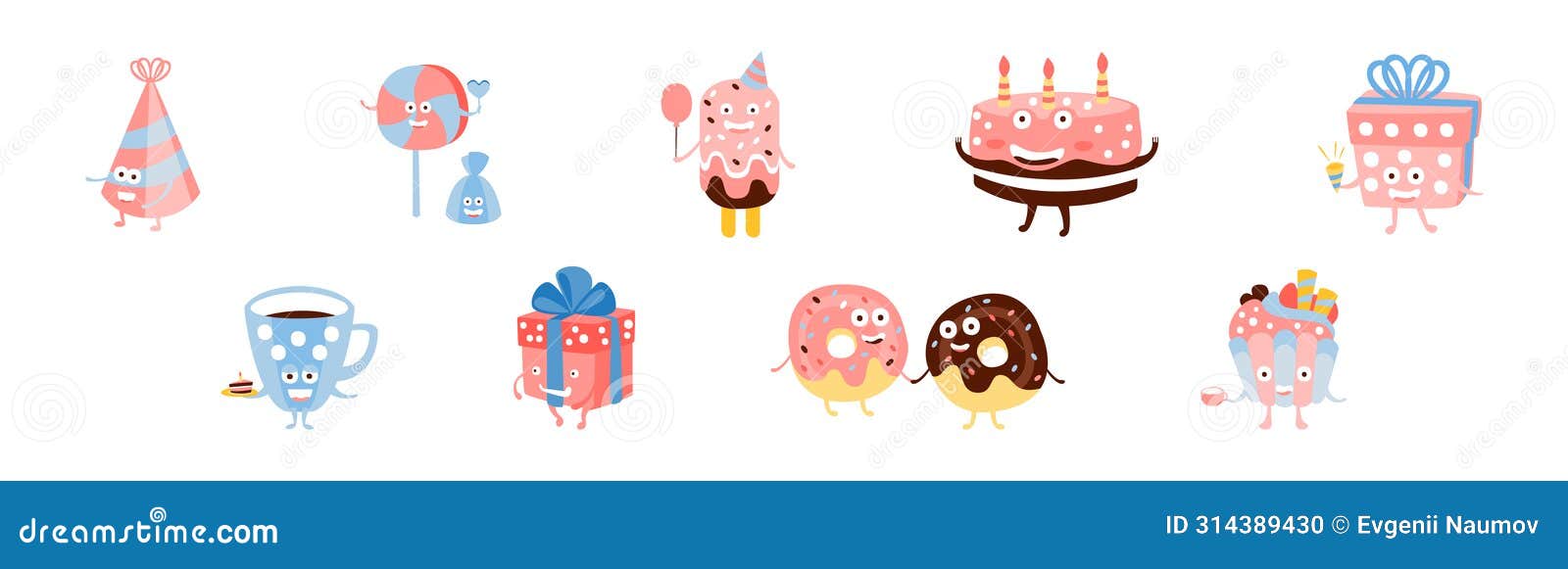 Funny Happy Birthday Character with Pretty Face Vector Set Stock Vector ...