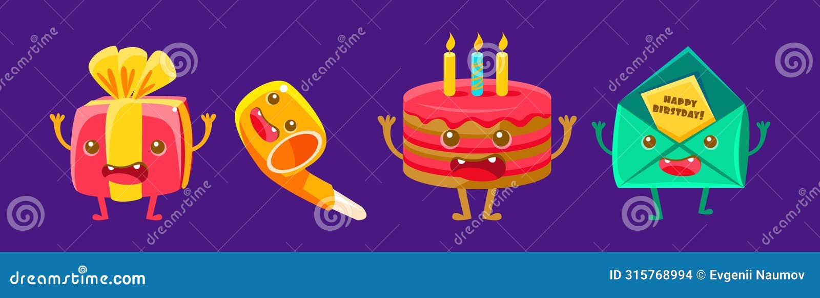 Funny Happy Birthday Character with Pretty Face Vector Set Stock Vector ...