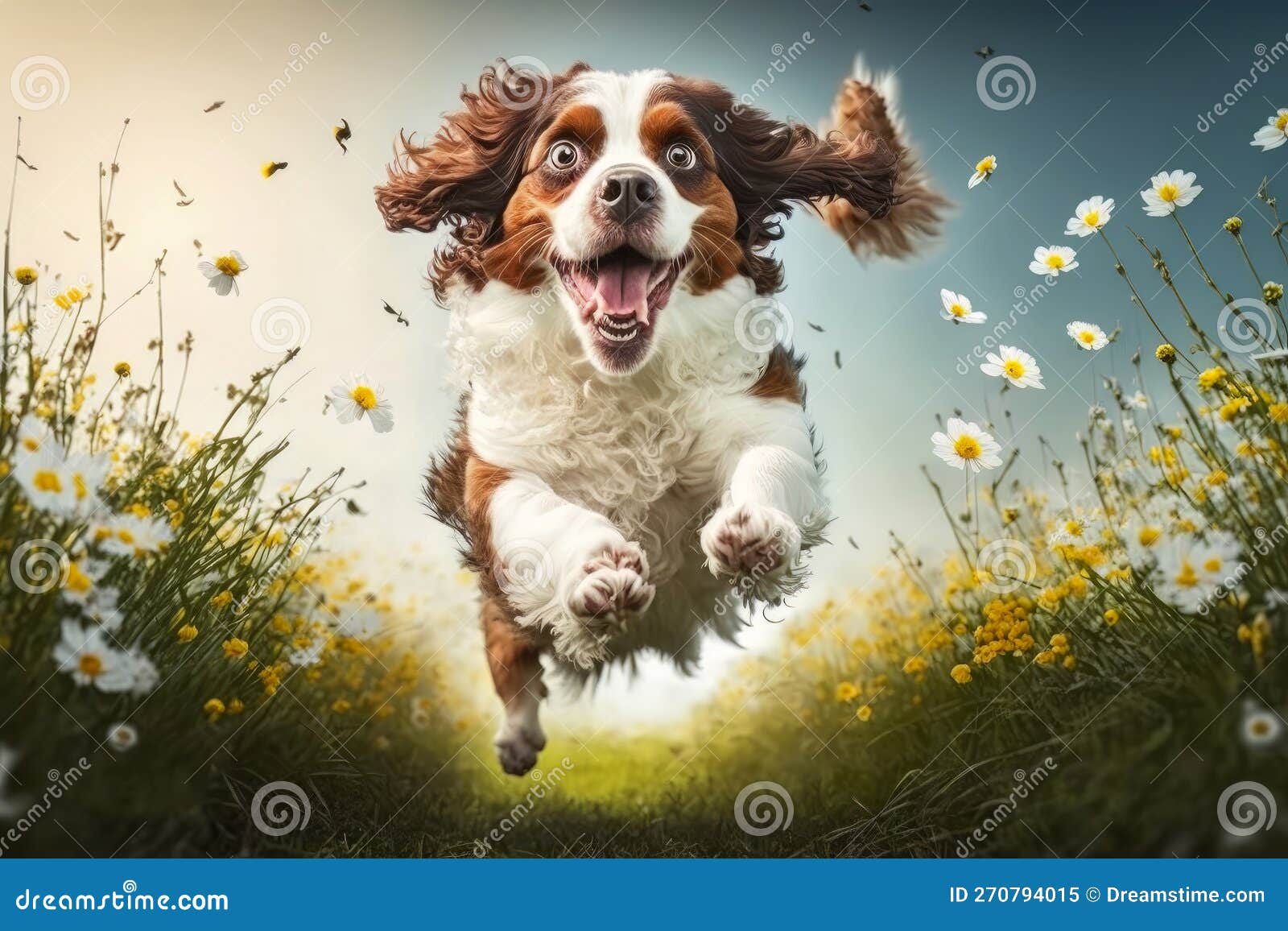 Funny and Happy Dog Jumping on a Flower Meadow Stock Illustration ...