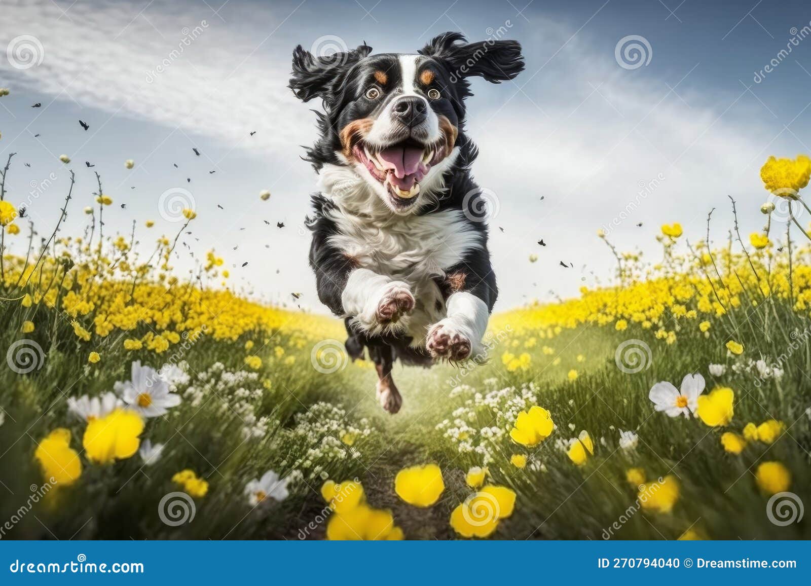 Funny and Happy Dog Jumping on a Flower Meadow Stock Illustration ...