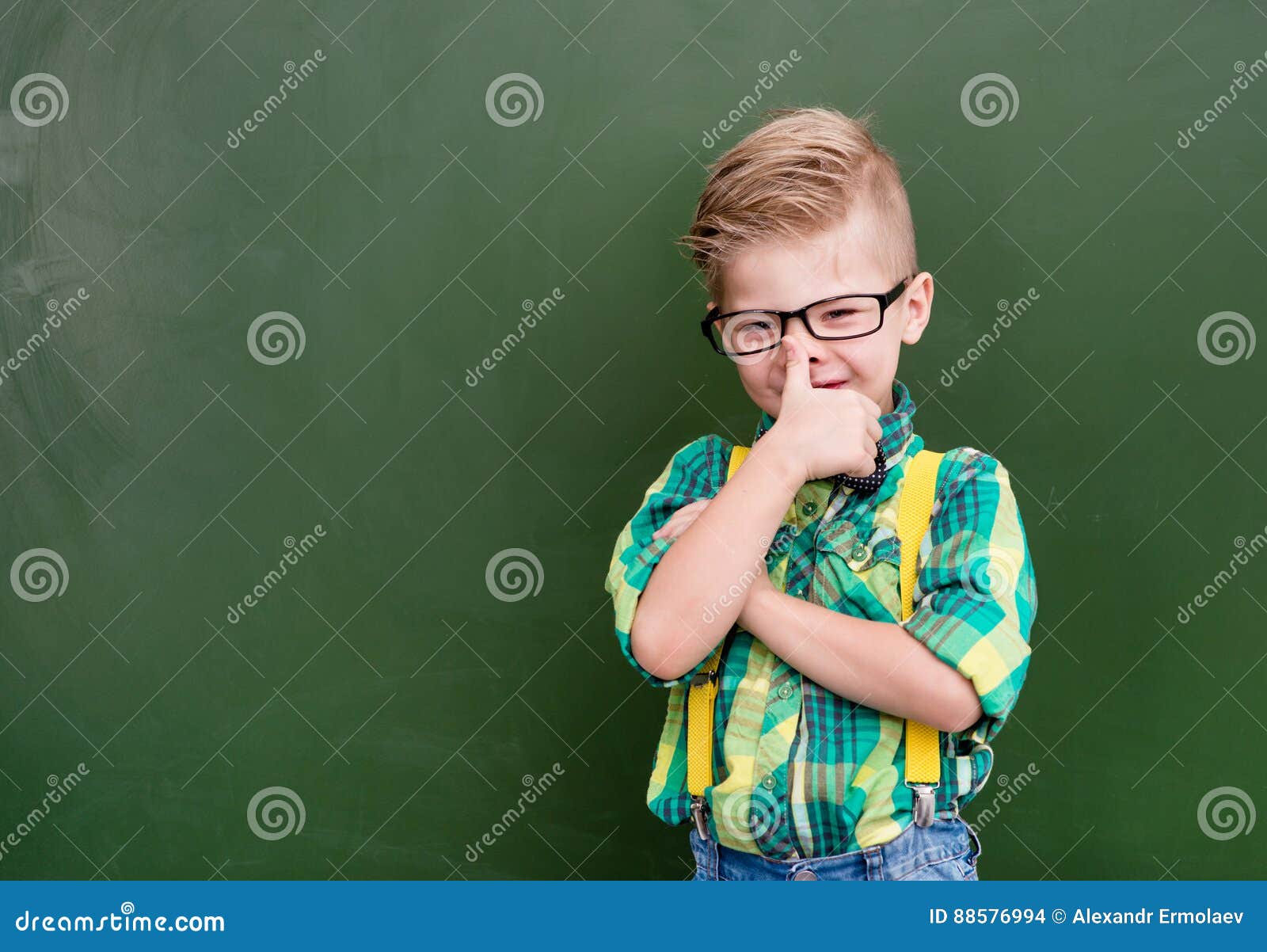 Funny Happy Nerd Near Empty Green Chalkboard Stock Photo - Image of ...