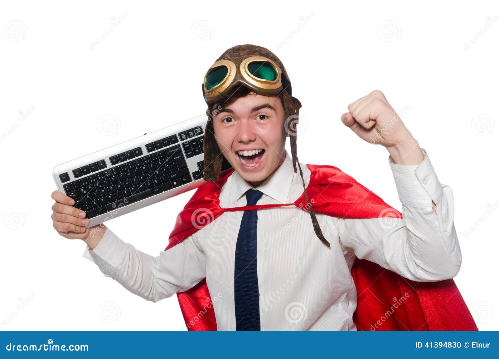 Funny Hero with Keyboard Isolated Stock Photo - Image of brave, goggles ...