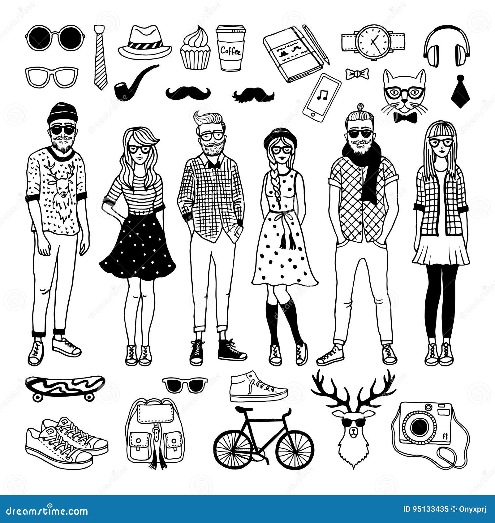 Funny Hipster Characters with Funky Fashioned Elements Isolate on White ...