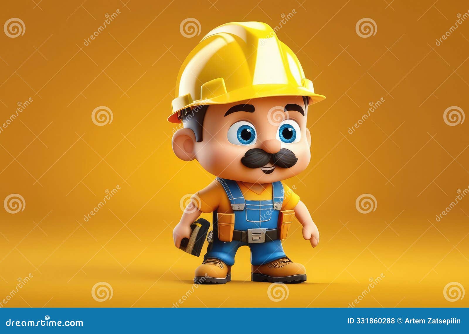 Funny Illustrated Construction Worker on Yellow Backdrop. Man in ...