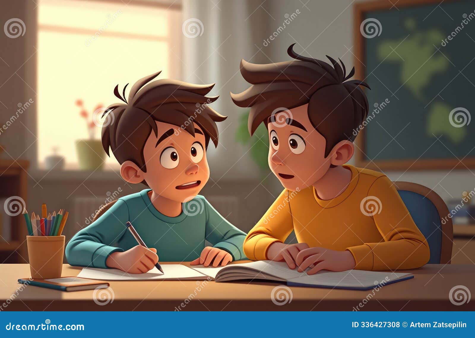 Funny Illustration of Brothers Doing Homework Together, Both Looking ...