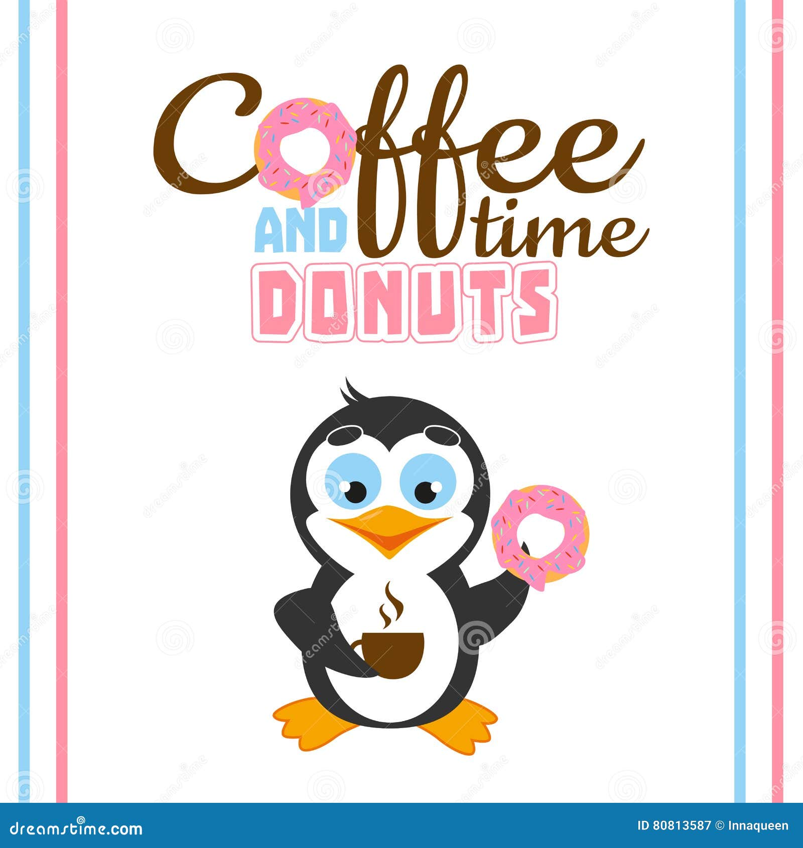 Funny Illustration with Cartoon Penguin and Text with Coffee Time and ...