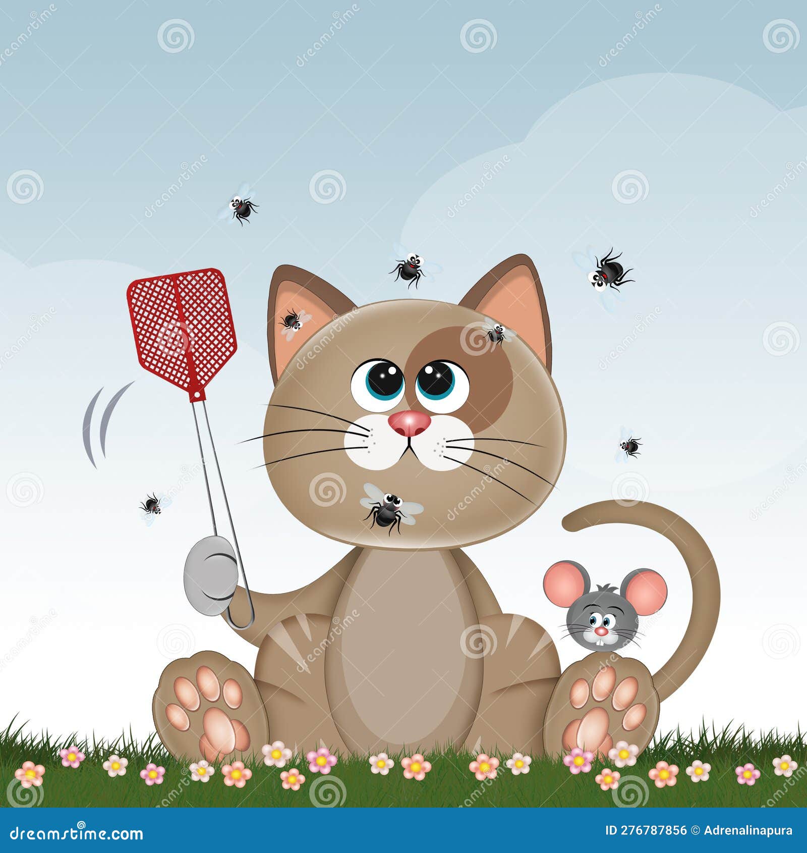 Illustration of Cat Plays with Flies Stock Illustration - Illustration ...