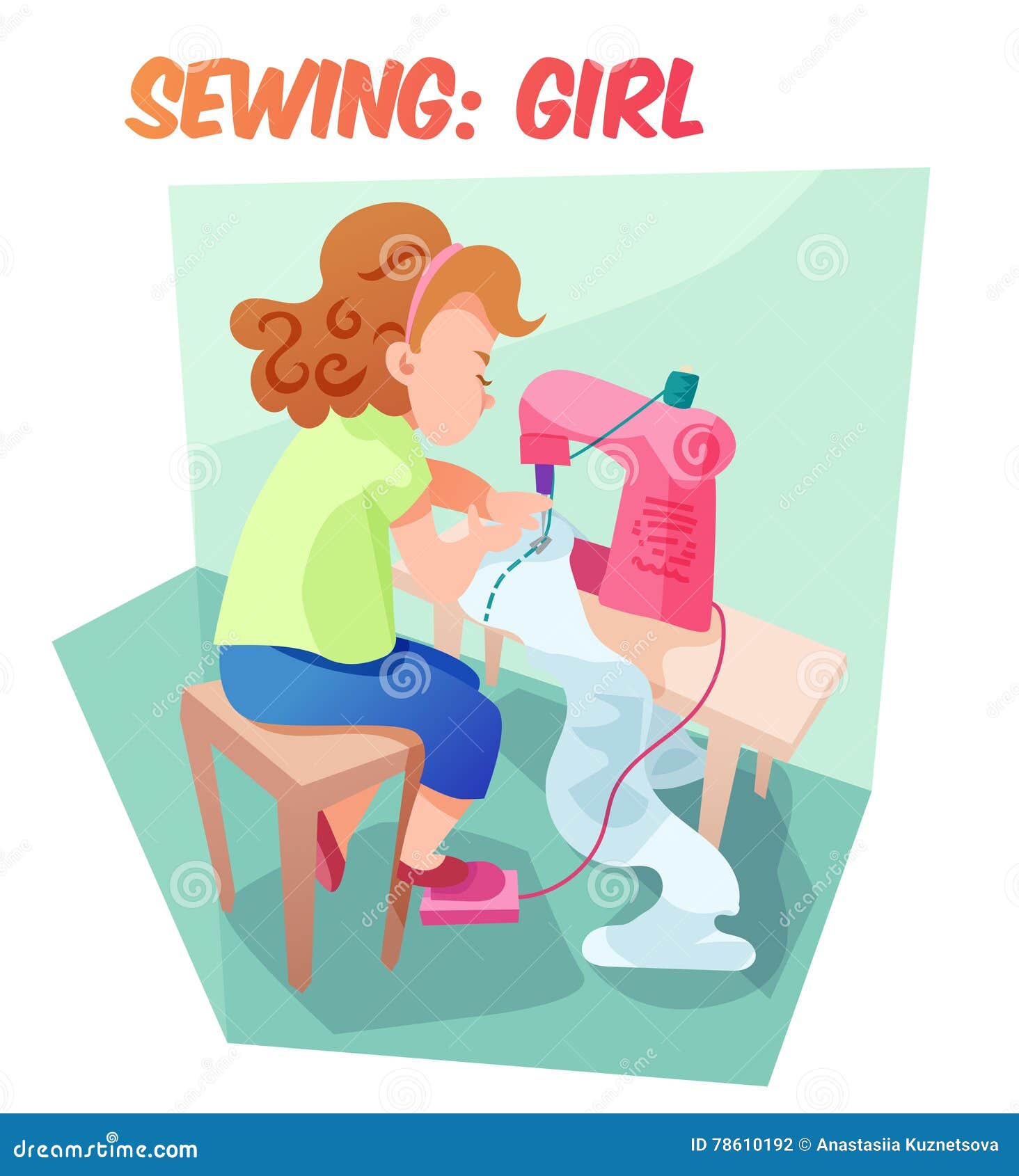 Funny Illustration Girl Sewing At Machine Stock Vector Illustration