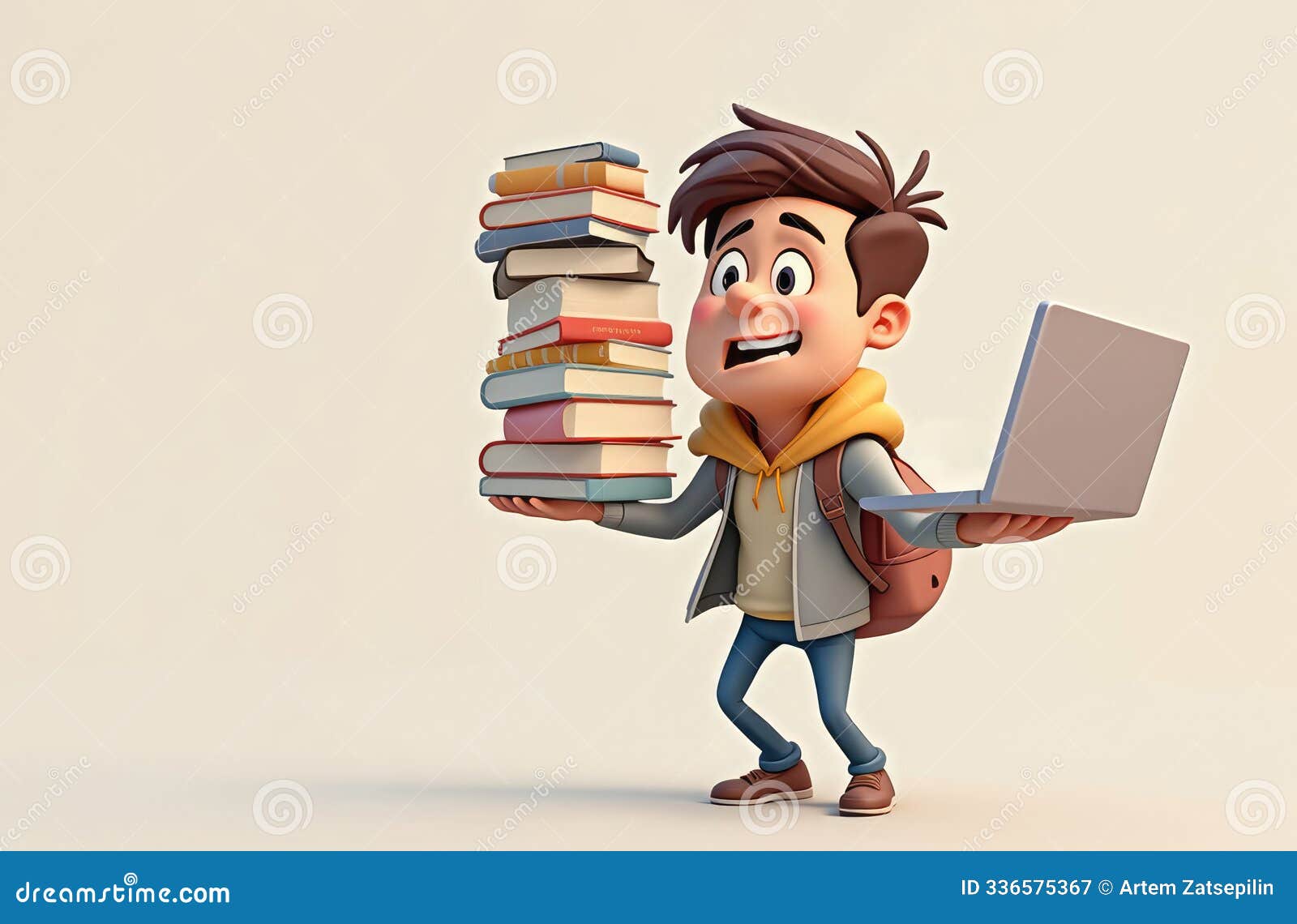 Funny Illustration of Male Student Balancing Laptop and Stack of Books ...