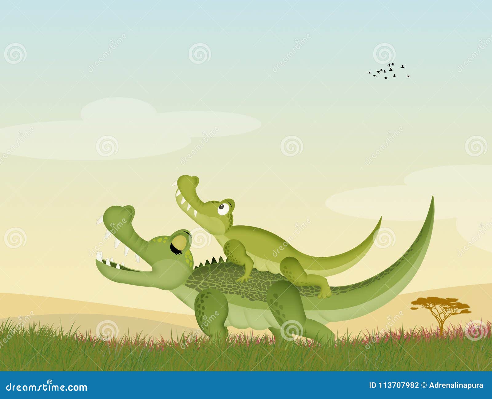 Two Alligators in the Grass Stock Illustration - Illustration of ...