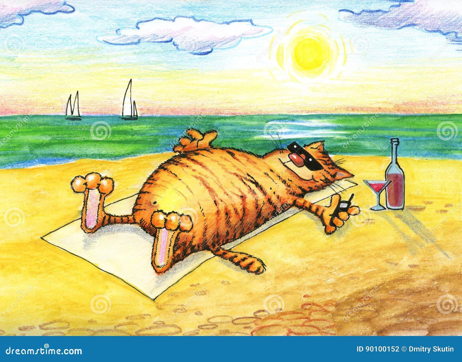 Funny Image of Cat with Cocktail on the Beach Stock Illustration ...