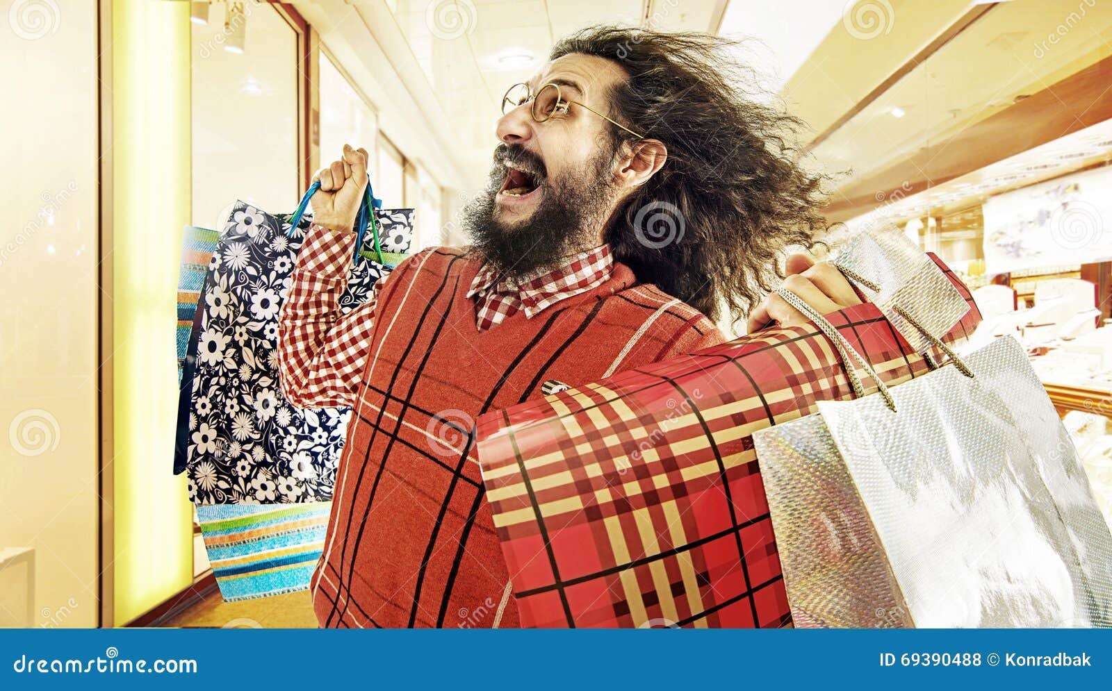 Funny Image of Geek Guy during a Sale Madness Stock Photo - Image of ...