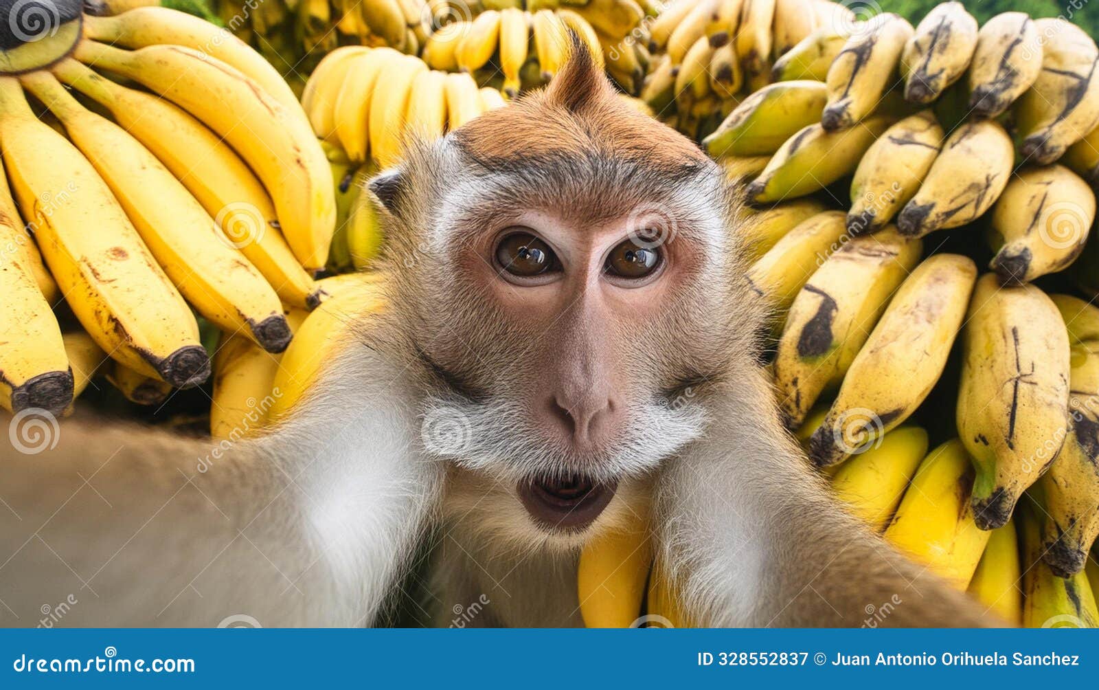 Funny Imge of a Happy Monkey Taking a Selfie Surrounded by Bananas ...