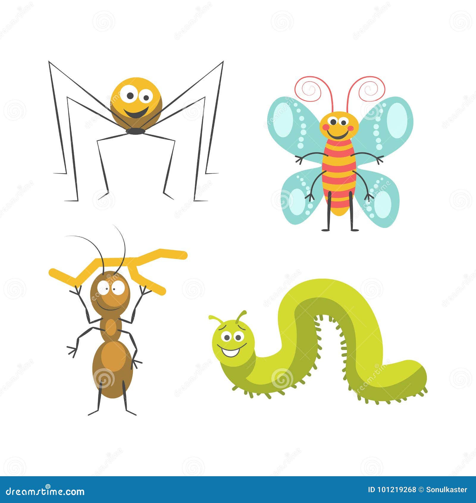 Funny Insects with Cute Friendly Faces Illustrations Set Stock Vector ...