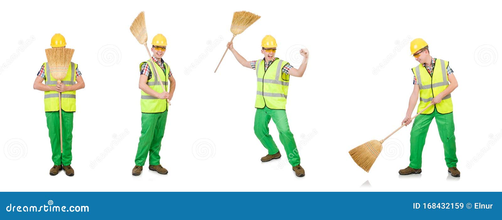 Funny Janitor with Broom Isolated on White Stock Image - Image of male ...