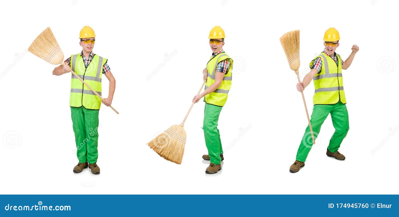 Funny Janitor with Broom Isolated on White Stock Photo - Image of ...