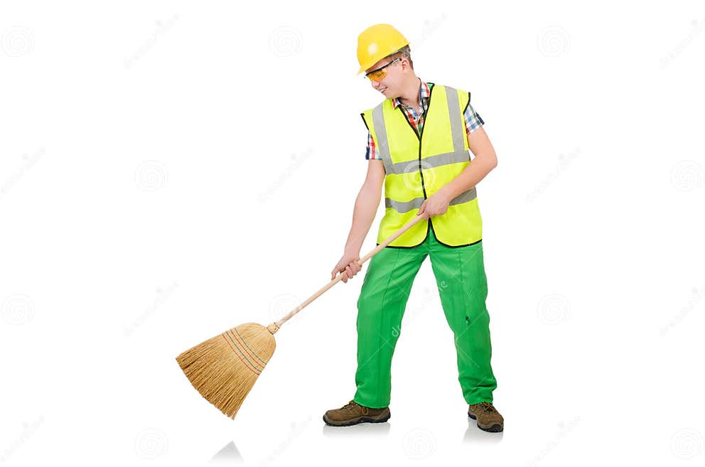 Funny janitor with broom stock photo. Image of dusty - 40293316