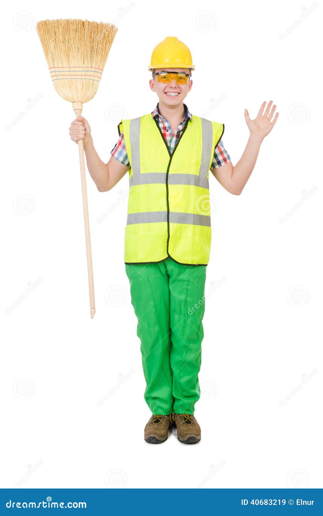 Funny janitor with broom stock image. Image of isolated - 40683219