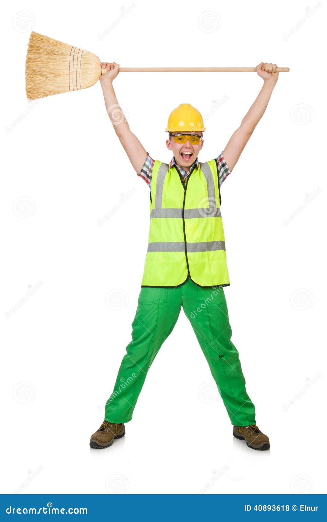 Funny janitor with broom stock photo. Image of housework - 40893618