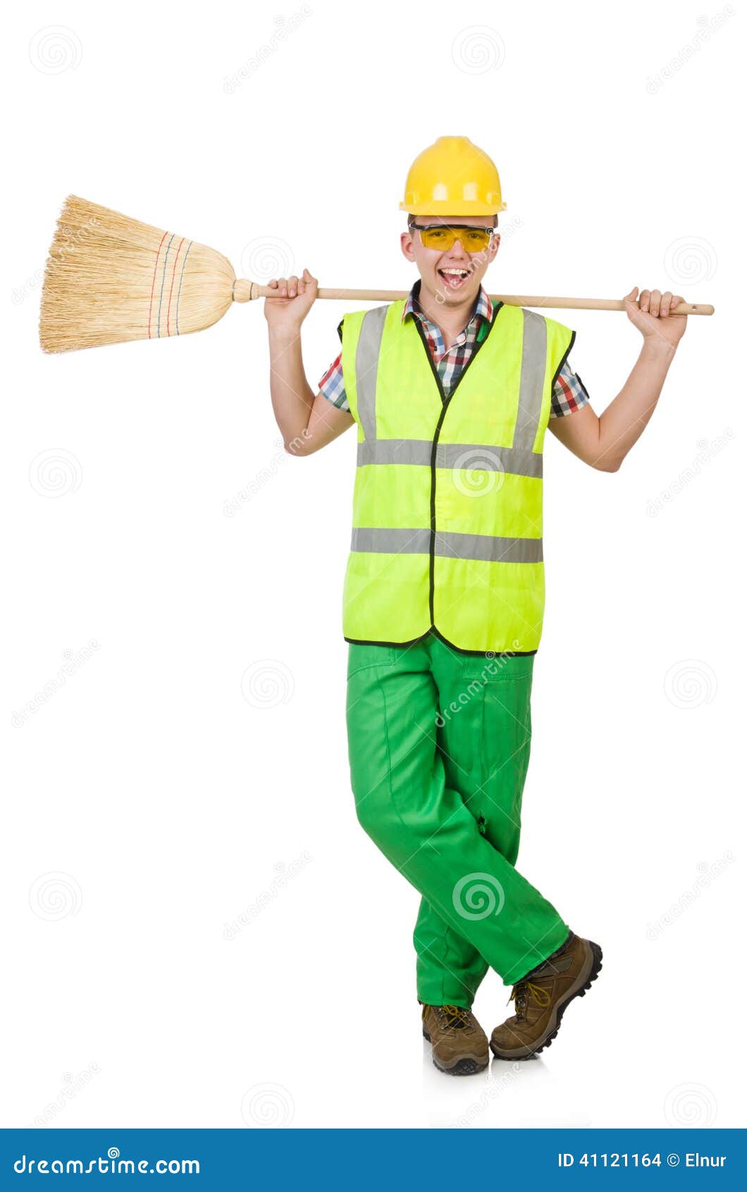 Funny Janitor with Broom Isolated Stock Photo - Image of broom ...
