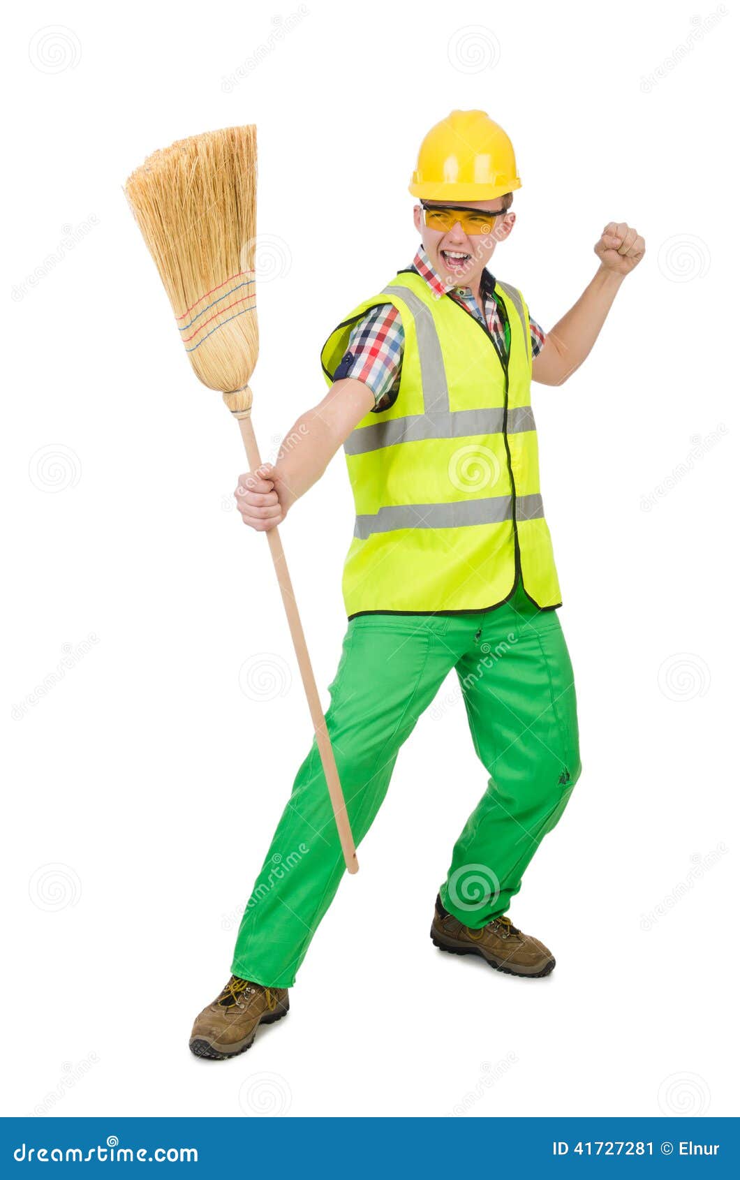 Funny Janitor with Broom Isolated Stock Image - Image of housework ...