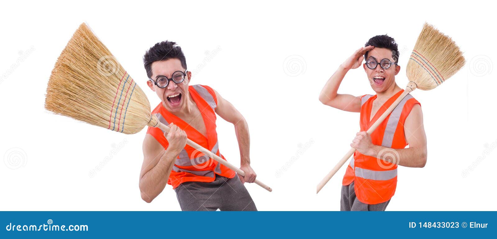 The Funny Janitor Isolated on White Stock Image - Image of broom, poses ...