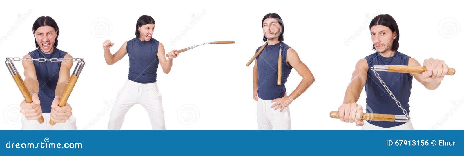 The Funny Karate Fighter with Nunchucks on White Stock Photo - Image of ...