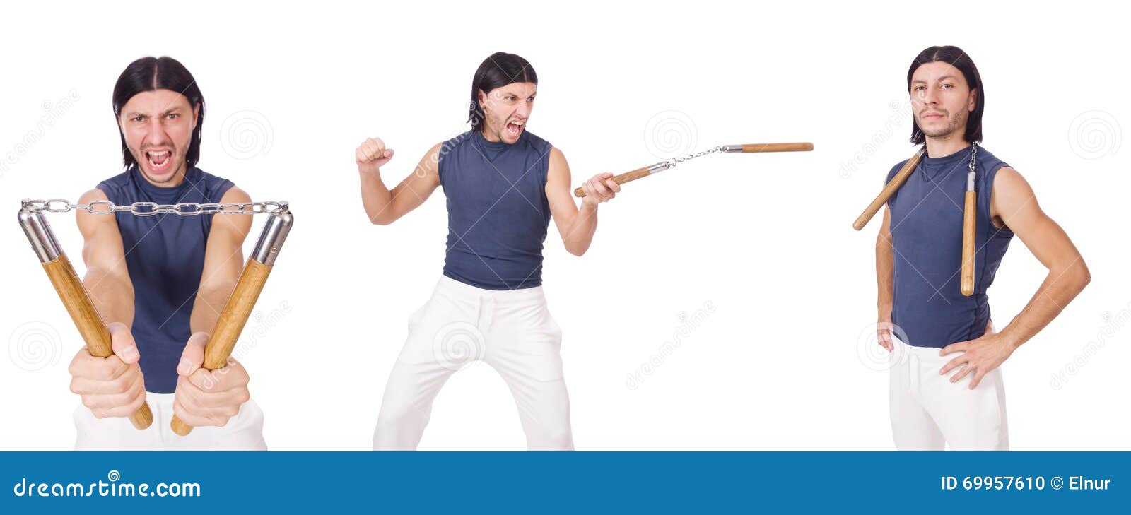 The Funny Karate Fighter with Nunchucks on White Stock Photo - Image of ...