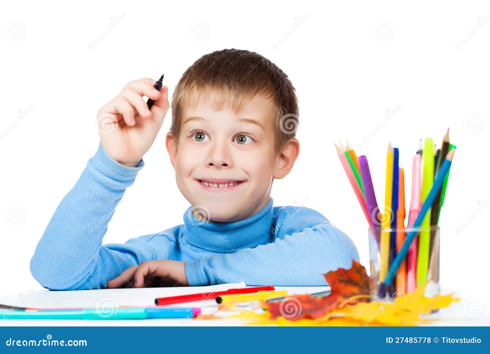 Funny Kid is Drawing with Pencils Stock Photo - Image of knowledge ...